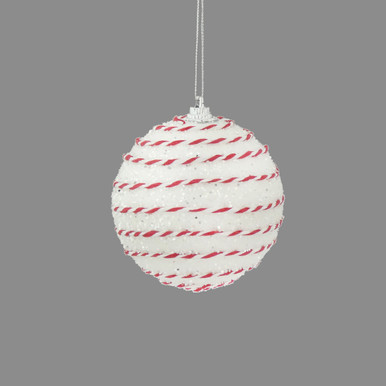 White & Red Glitter Candy String Bauble - 8cm | Charlies