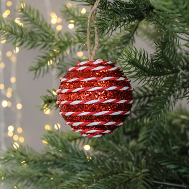 Red Glitter Candy String Bauble- 8cm | Charlies