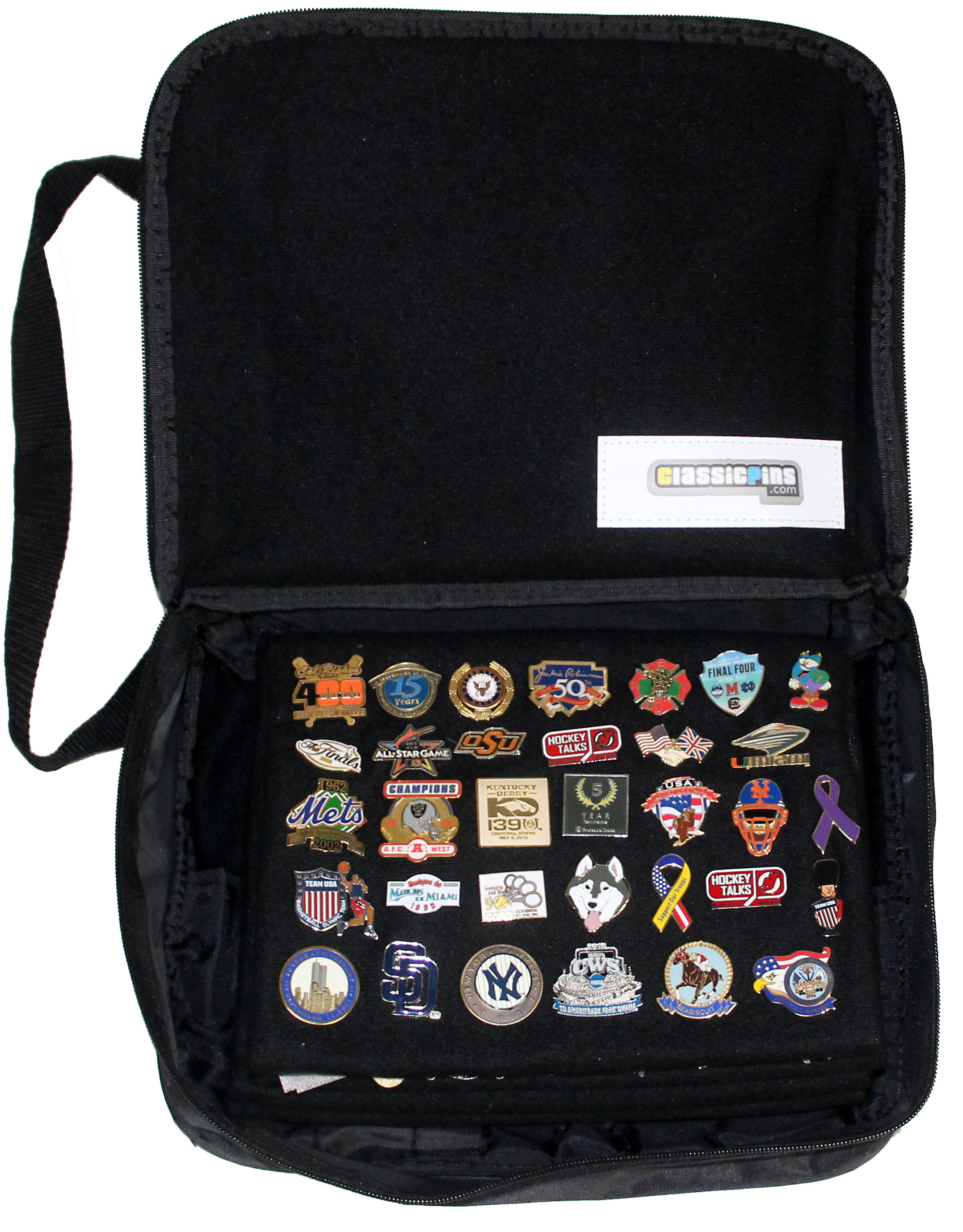 Large Collector Lapel Pin Bag - 3 Page Black w/ Blue Piping