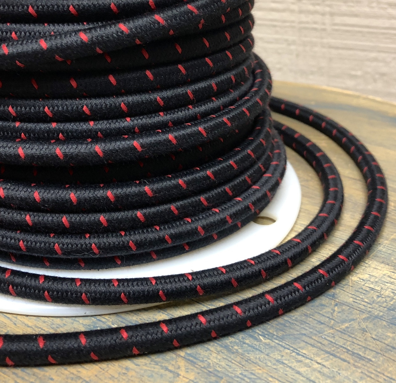 Cloth Covered 2-wire Braided Cord - Black w/ Red Tracer, Color Twisted Cord