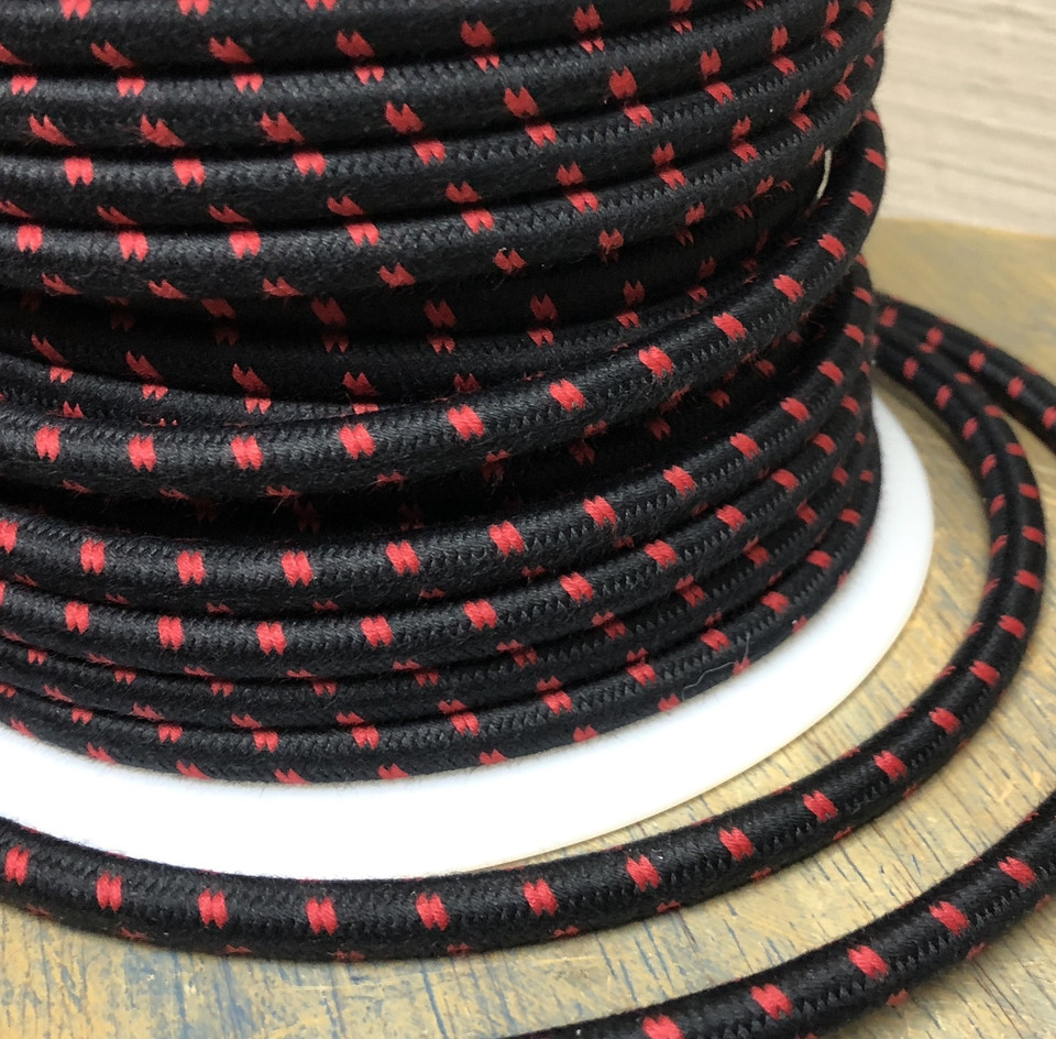 Cloth Covered 2-wire Braided Cord - Black w/ Red Tracer, Color Twisted Cord