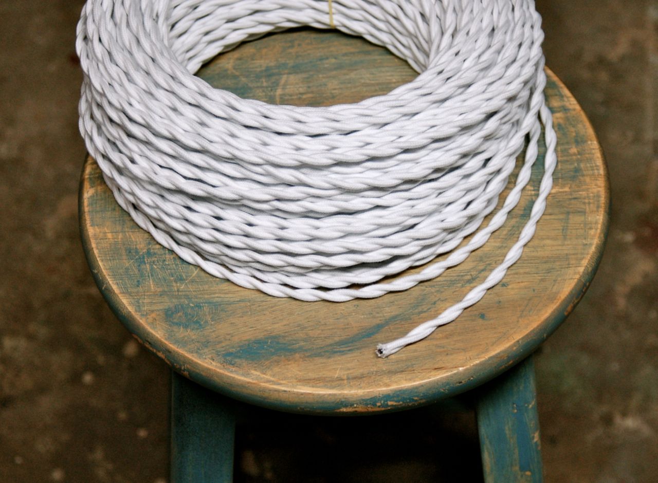 White Twisted Cloth Covered Wire, Cotton - PER FOOT - Snake Head Vintage