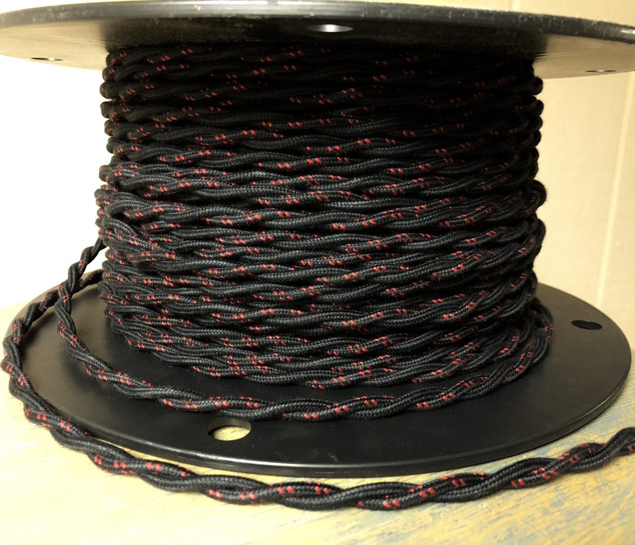 Cloth Covered 2-wire Braided Cord - Black w/ Red Tracer, Color Twisted Cord
