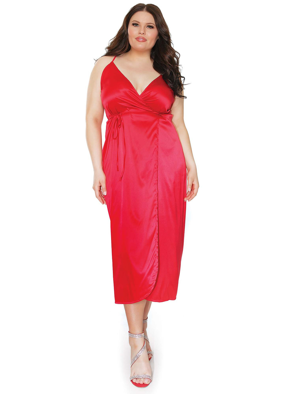 Womens Red Satin Wrap Style Holiday Lingerie Dress