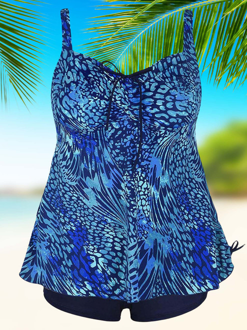 Plus Size Blue Leopard Print Tie Back Fashion Swimsuit Tankini Swimwear Set