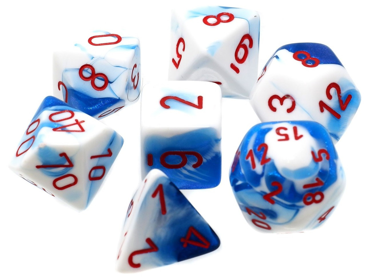 Chessex Gemini Atral Blue-White with Red Numbers Polyhedral 7-Die Dice ...