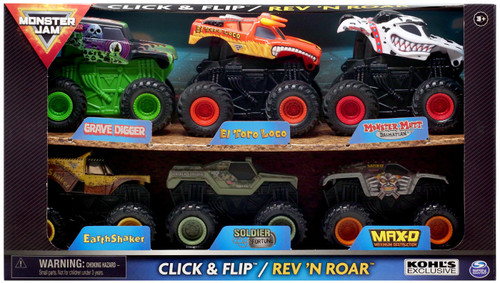 Monster Jam Click Flip Rev N Roar Grave Digger, El Toro Loco, Monster Mutt Dalmatian, Earth ...
