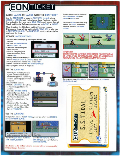 Nintendo Pokemon Ruby Sapphire Eon Ticket Pamphlet Sealed with Eon ...