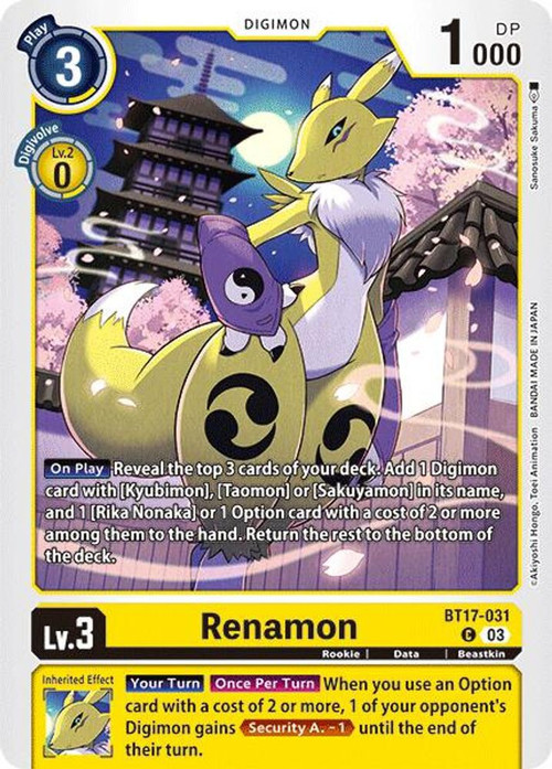 Digimon Trading Card Game Secret Crisis Single Card Common Renamon BT17 ...