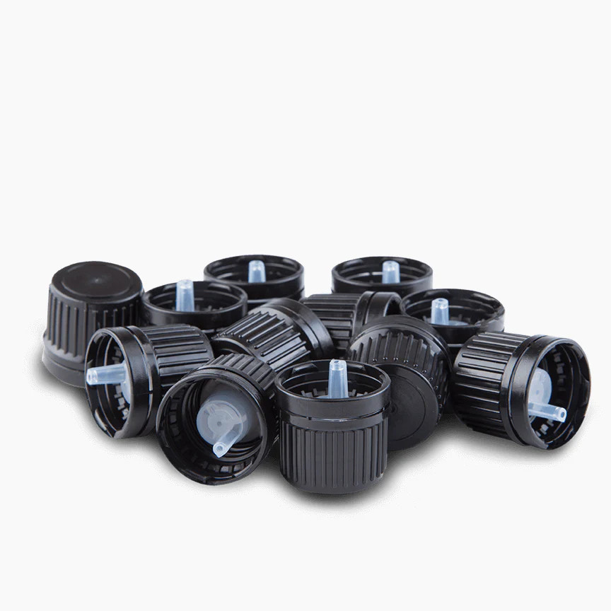 Black HDPE plastic 18 mm tamper-evident dropper cap with inverted ...