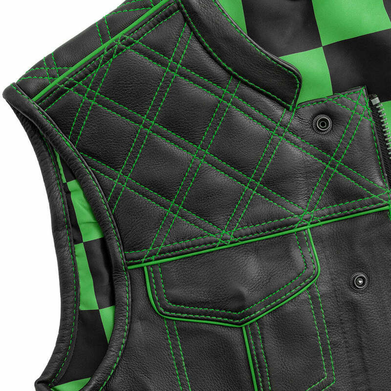 First Manufacturing Green Checker Factory Custom Black Leather Vest ...