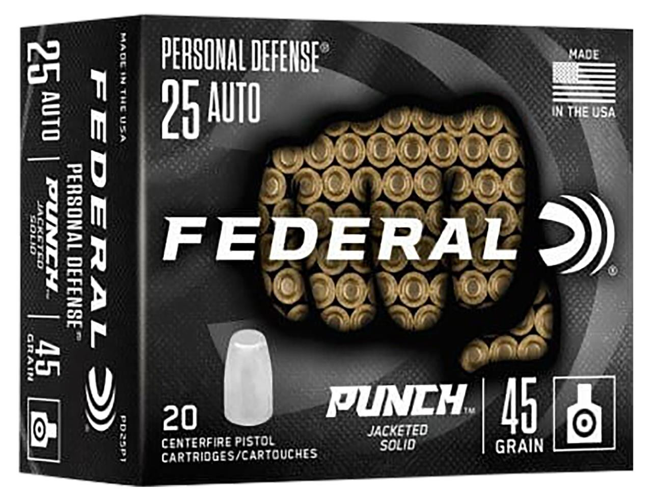 Federal Punch 25 ACP - 45 Grain Jacketed Solid - 825 FPS - 20 Rounds ...