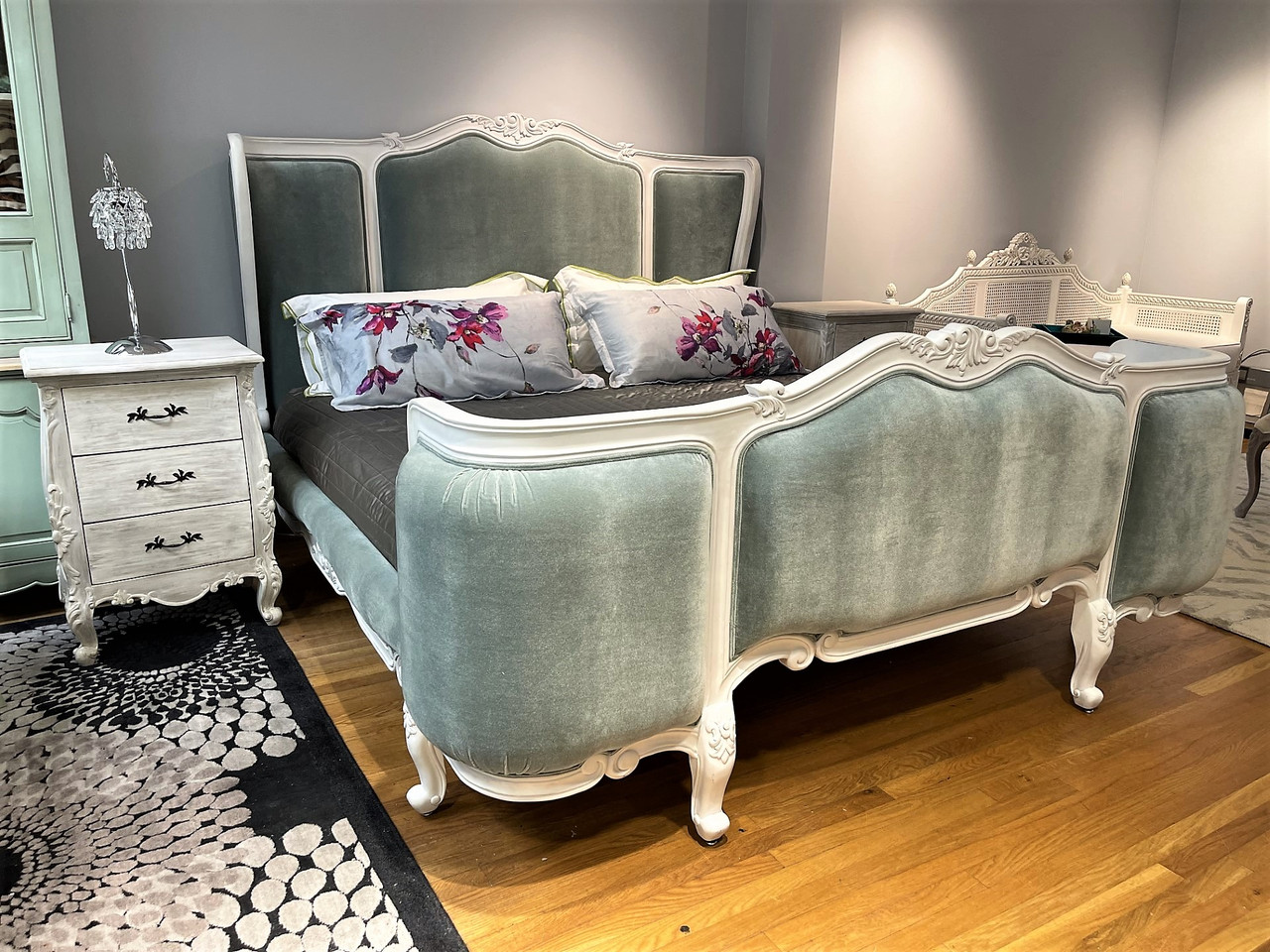 WHITE AND GREEN FRENCH UPHOLSTERED BED