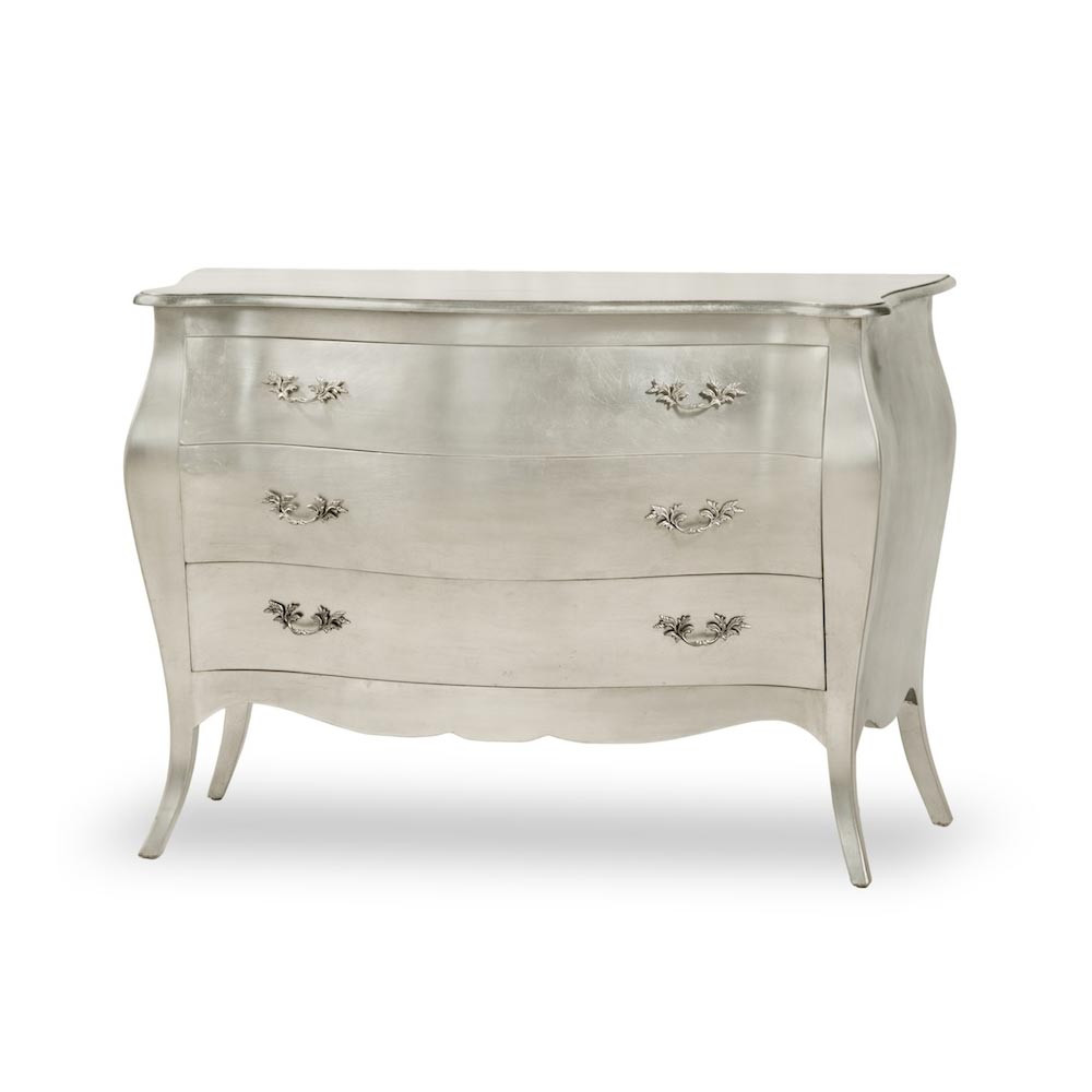 Bombe Chest of Drawers, 3 drawer Luxury Silver Leaf Chest of Drawers