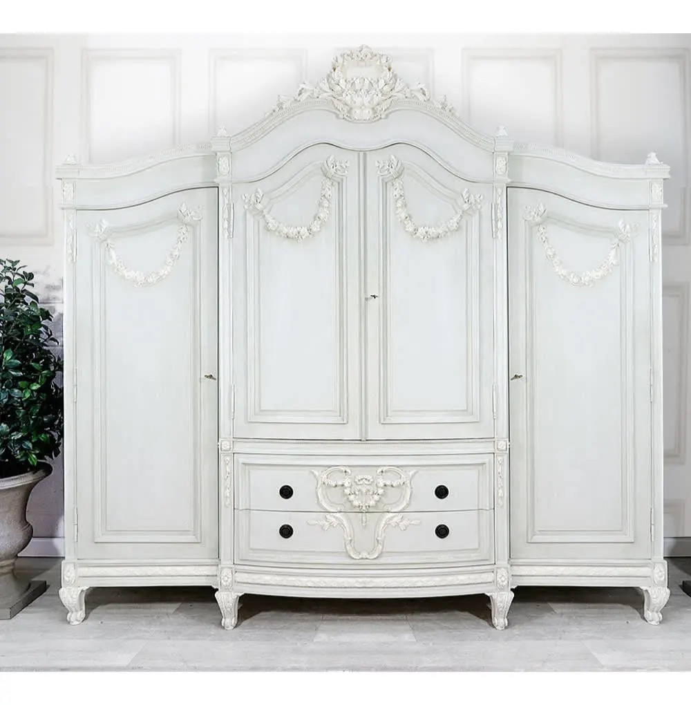 Marie Antoinette Mirrored Armoire, Antique White & Gold