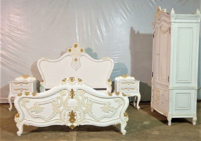 White And Gold Rococo Bedroom set USA