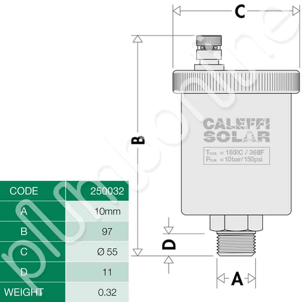 Caleffi Air Eliminator High Temperature for Solar Hot Water Systems 10mm