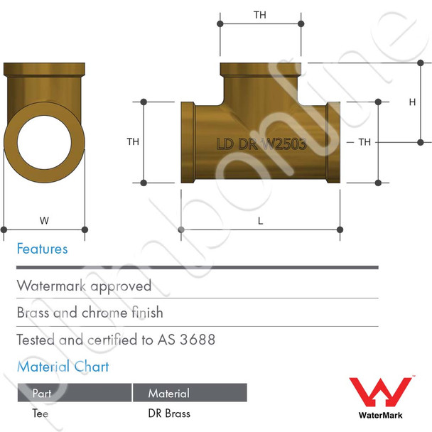 Screwed DR Brass Female Tee 06mm BSP Watermarked PN. AW402