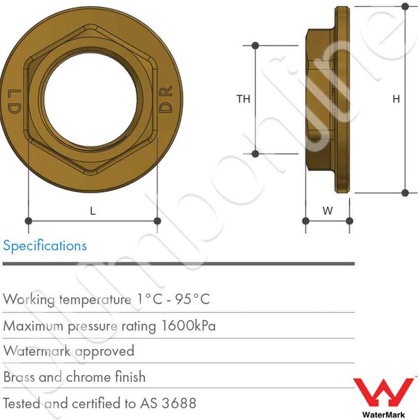 Screwed DR Brass Flanged Back Nut 15mm BSP Watermarked PN. BNF15