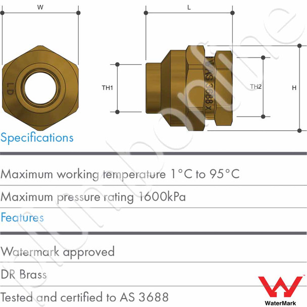 Flared Compression Reducing Union DR Brass 20 FI x 25 C Watermarked PN. AW172
