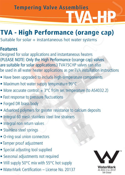Tempering Valve 15mm 1/2" Orange Cap Solar and Gas Systems AVG