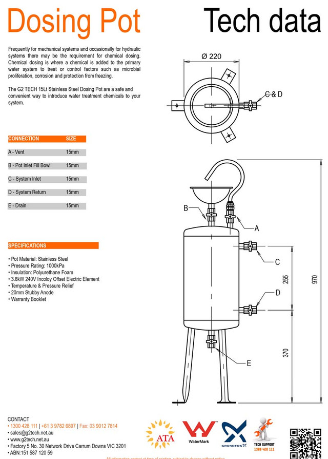 15Lt Commercial HVAC Chemical Dosing Pot Stainless Steel Construction ...