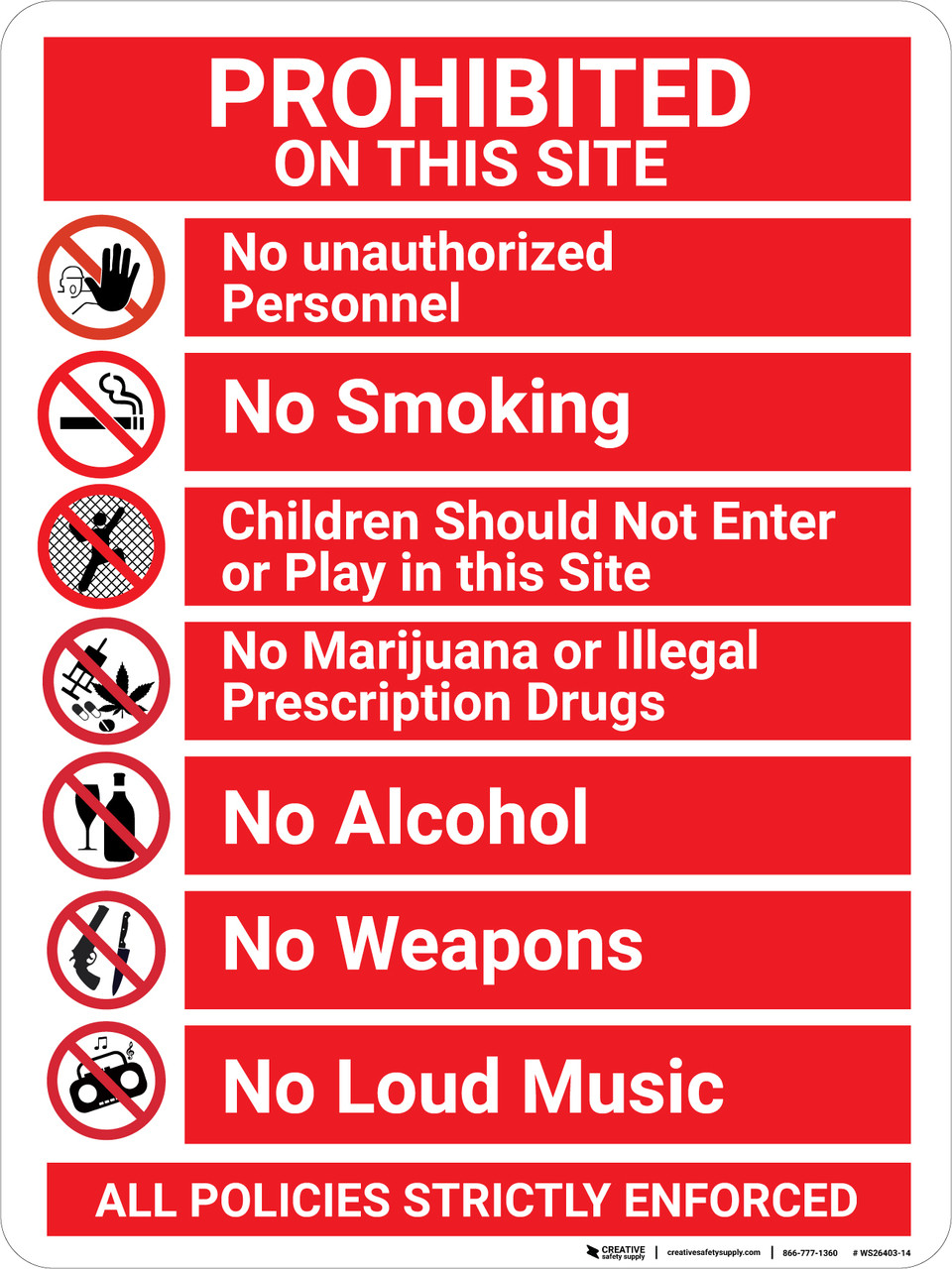 Prohibited On Site All Policies Strictly Enforced with Icons Portrait ...