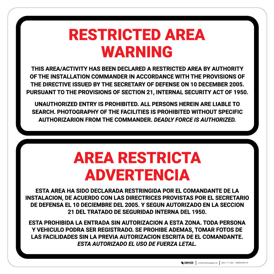 Restricted Area Warning Square - Bilingual Spanish - Wall Sign ...