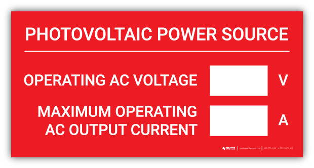 Photovoltaic Power Source with Write-In - Arc Flash Label