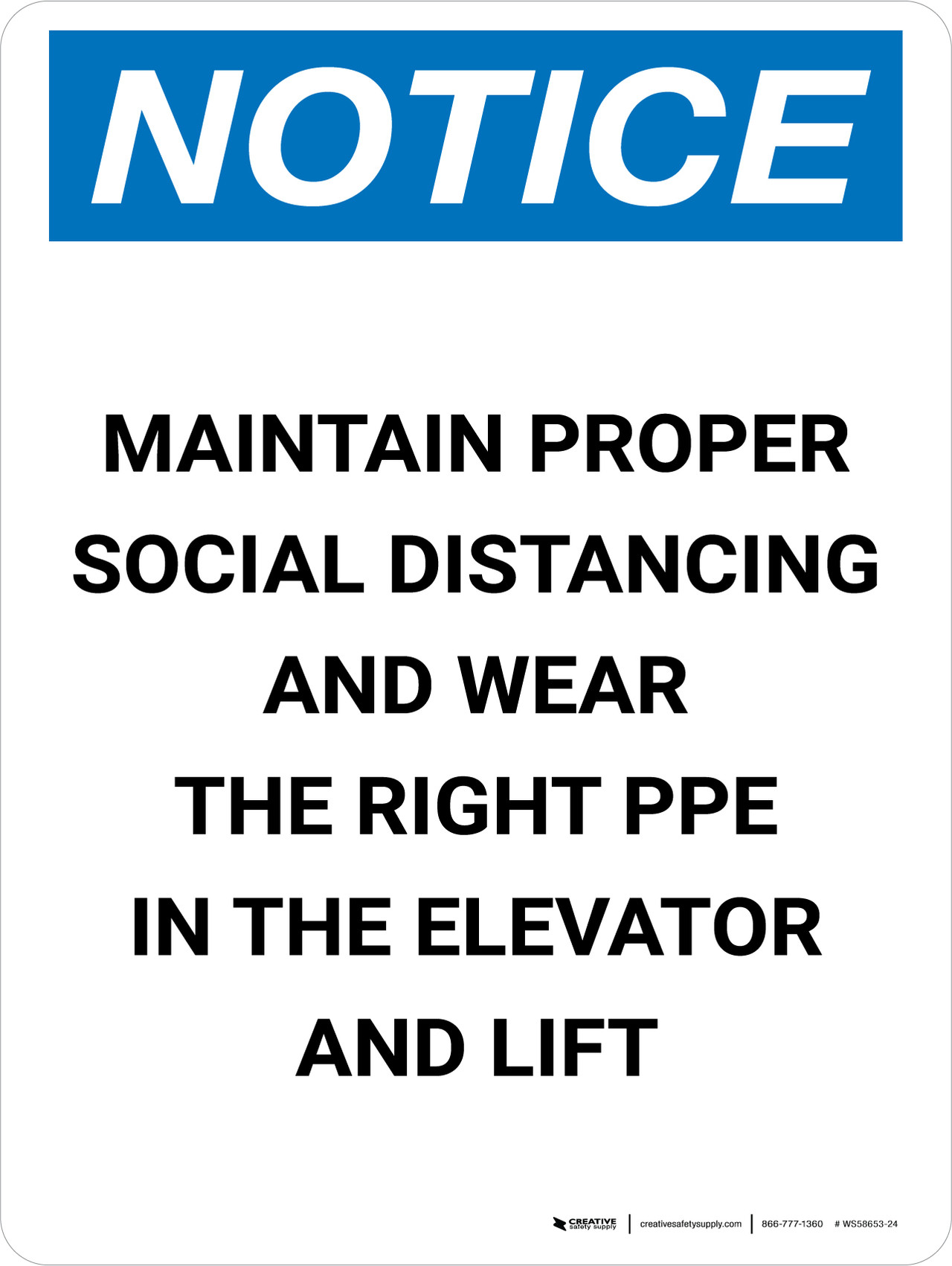 Notice: Social Distancing & PPE In Elevator Portrait - Wall Sign