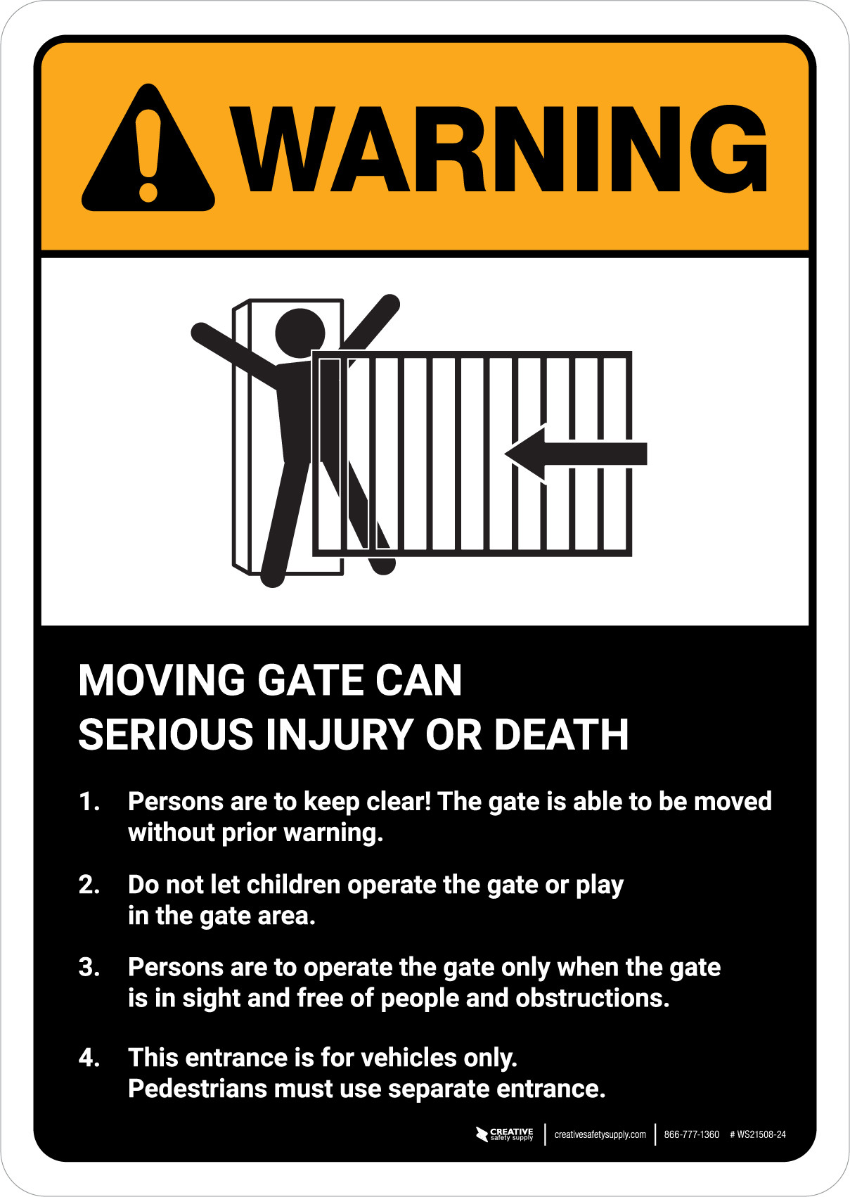 Warning: Moving Gate Can Cause Serious Injury or Death with Icon ANSI ...