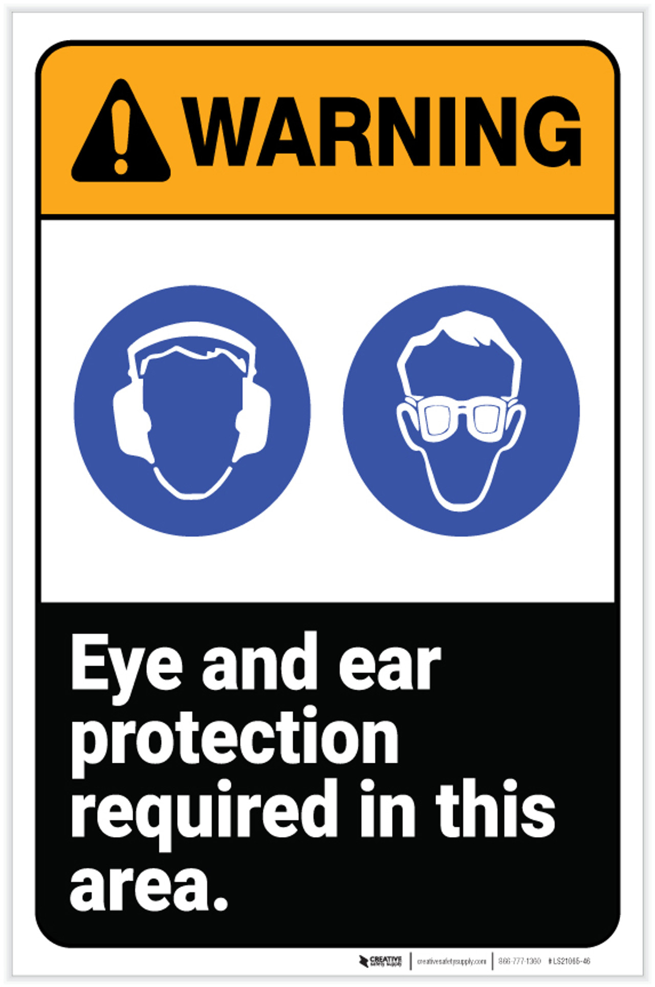 Warning Eye And Ear Protection Required In Area Ansi Portrait Label