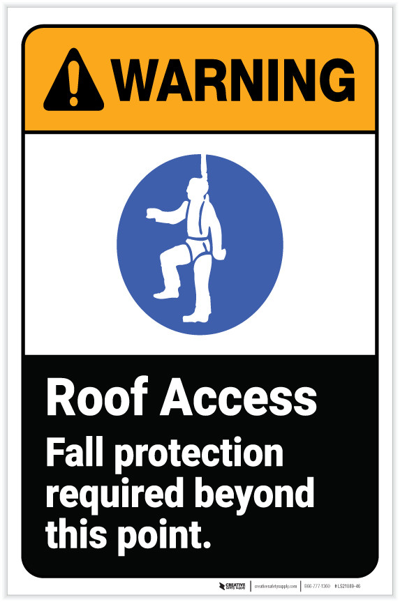 Warning: Roof Access Fall Protection Required ANSI Portrait - Label