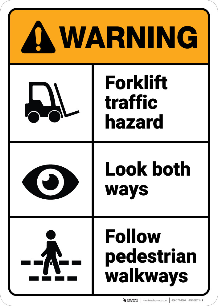 Warning: Forklift Traffic Hazard Look Both Ways Follow Walkways ANSI ...