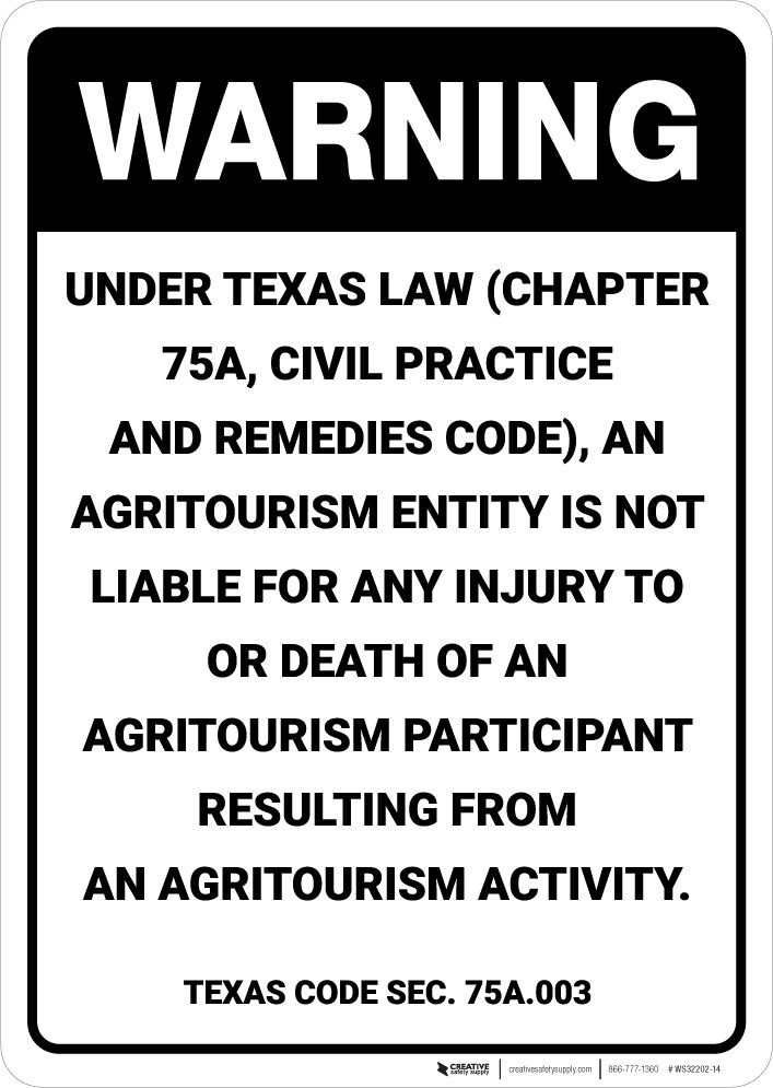 Warning: Texas Law Agritourism Liability TX - Wall Sign | Creative ...