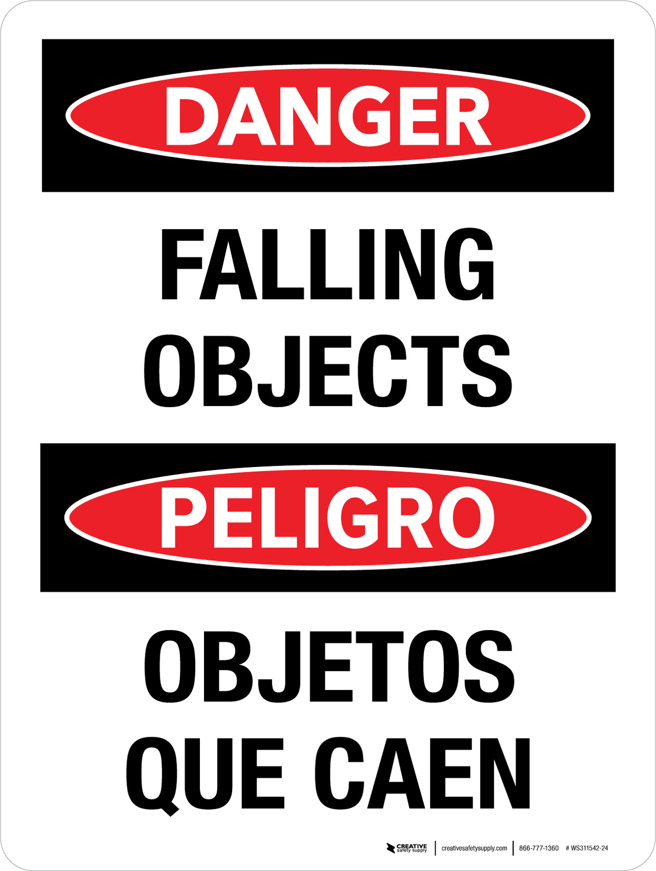 Danger: Falling Objects - Bilingual Spanish Portrait - Wall Sign