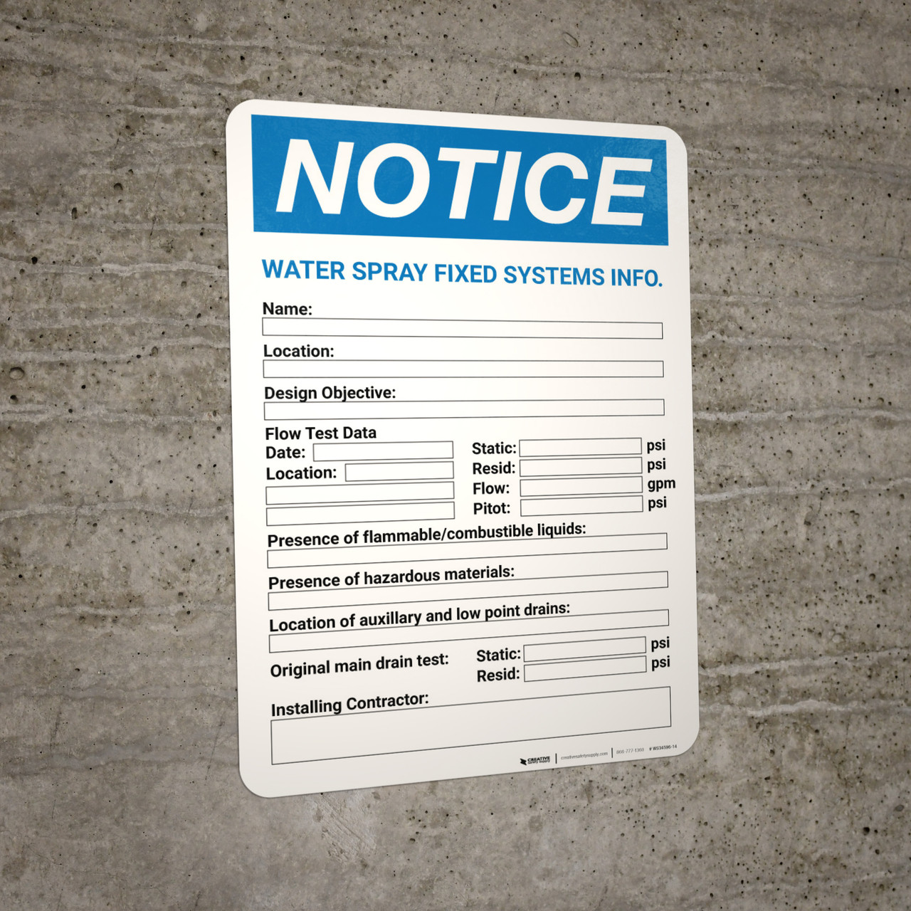 Notice: Water Spray Fixed Systems Info - Wall Sign