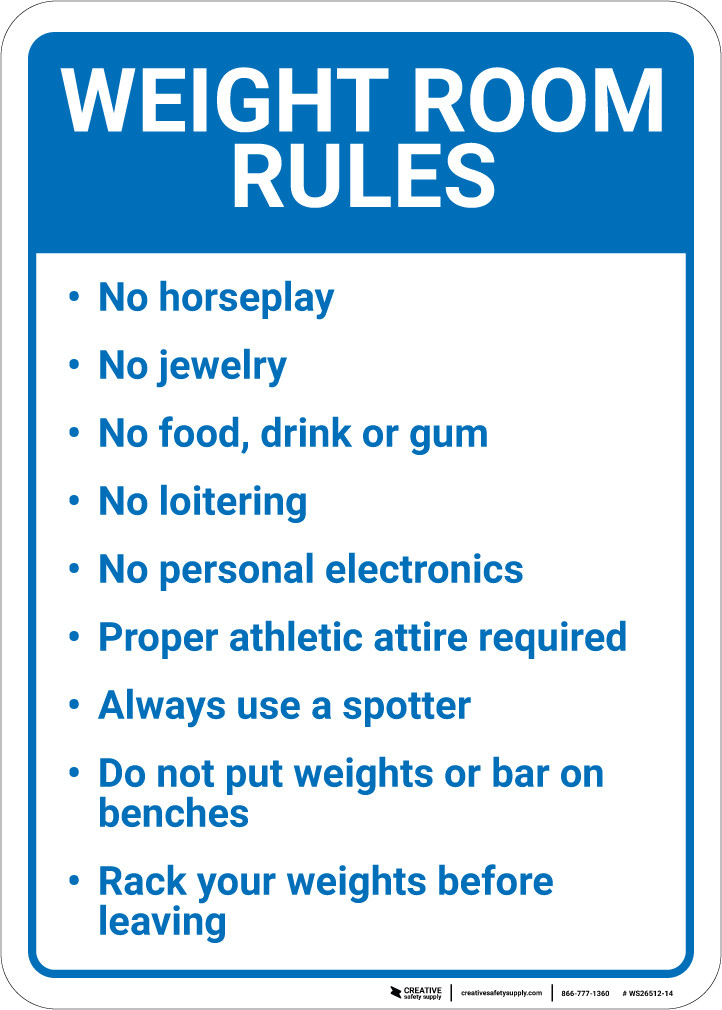 Weight Room Rules: Nine Item Bulleted Rule List Portrait - Wall Sign