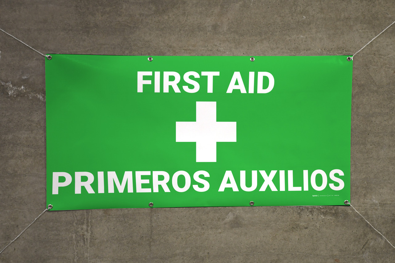 First Aid (Bilingual Spanish with white cross) Banner | Creative Safety ...