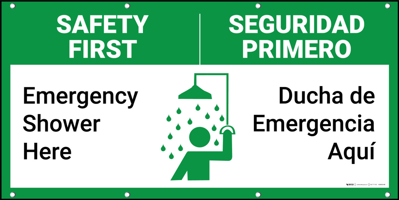 Safety First Emergency Shower Here Bilingual Spanish Banner | Creative ...