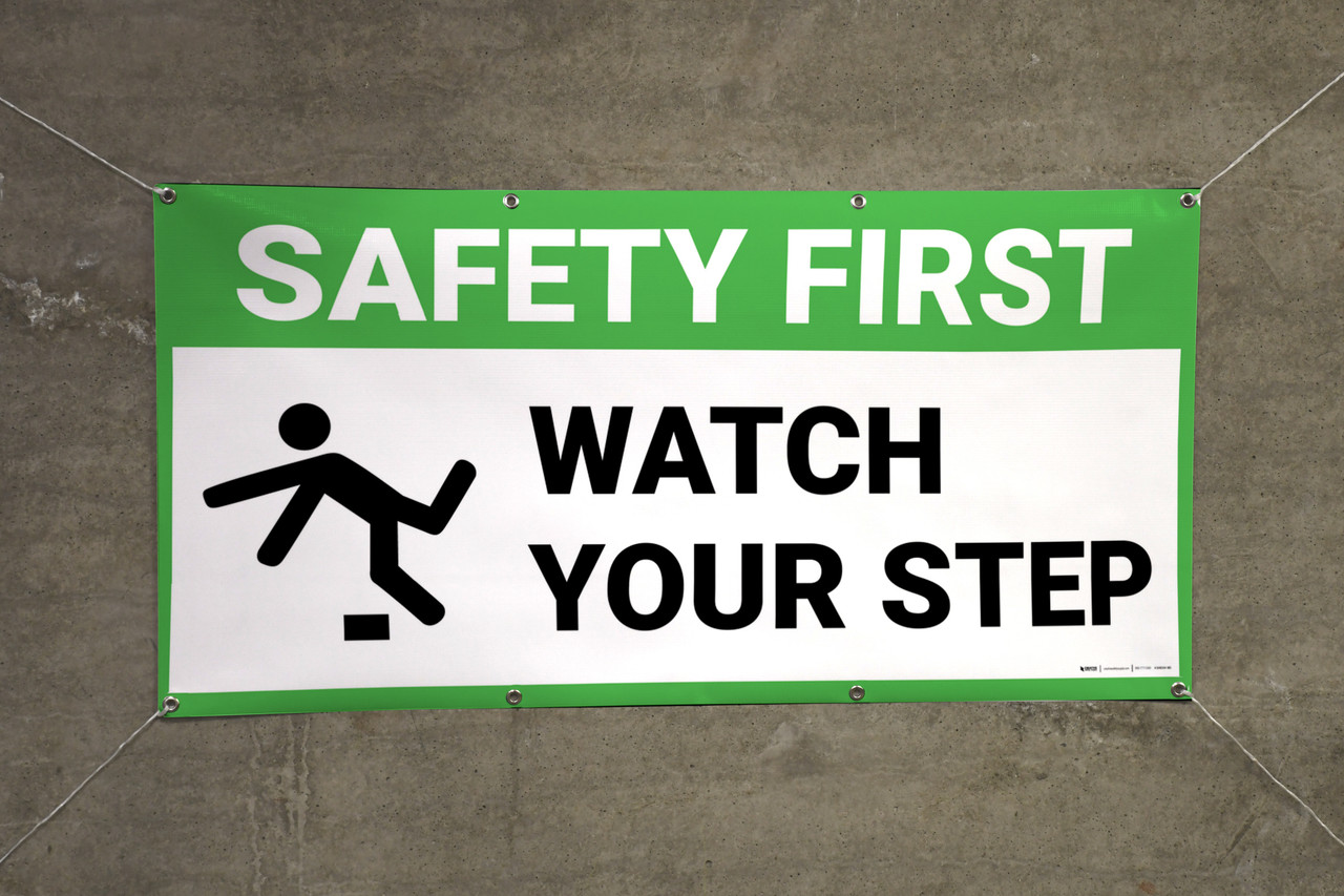 Safety First Watch Your Step Trip Icon Banner | Creative Safety Supply