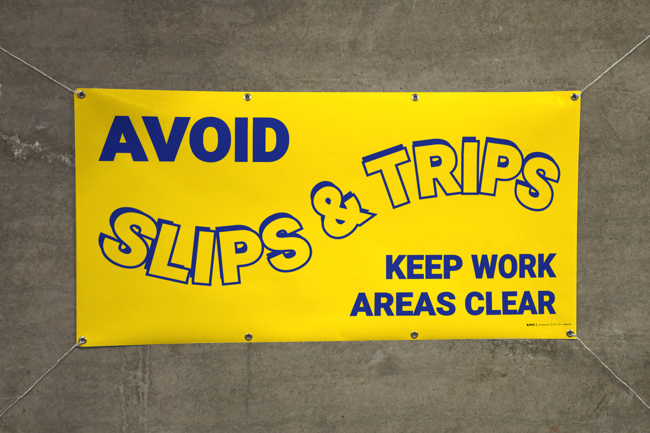 Avoid Slips And Trips Keep Work Areas Clear Banner | Creative Safety Supply