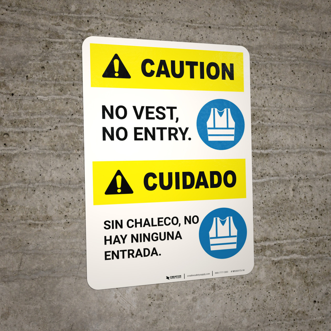 Caution: No Entry Without Vest ANSI - Portrait Wall Sign