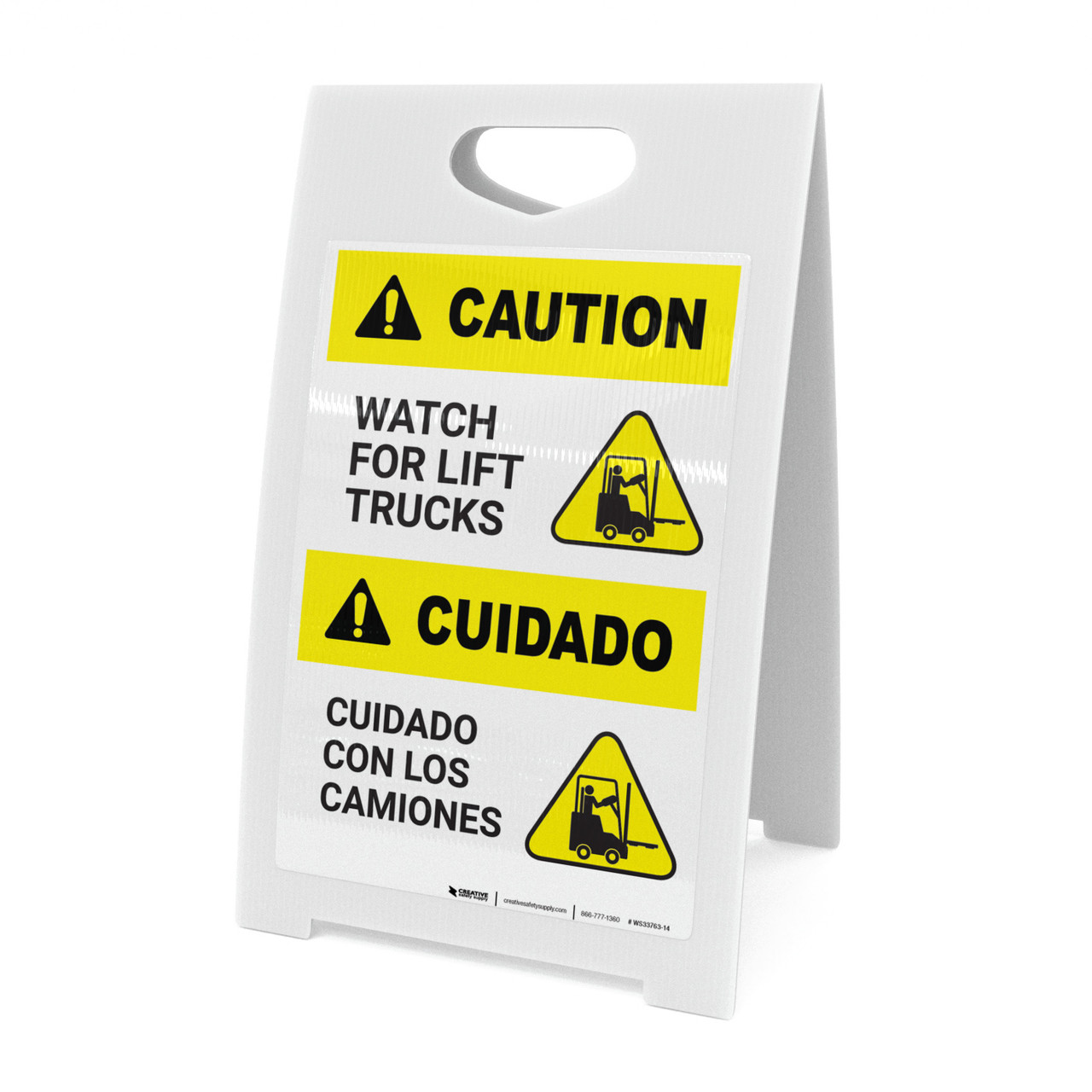 Caution: Lift Trucks Bilingual (Spanish) - A-Frame Sign