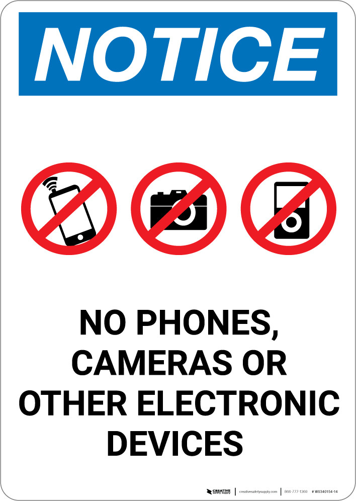 Notice: No Phones, Cameras or Other Electronic Devices - Portrait Wall Sign