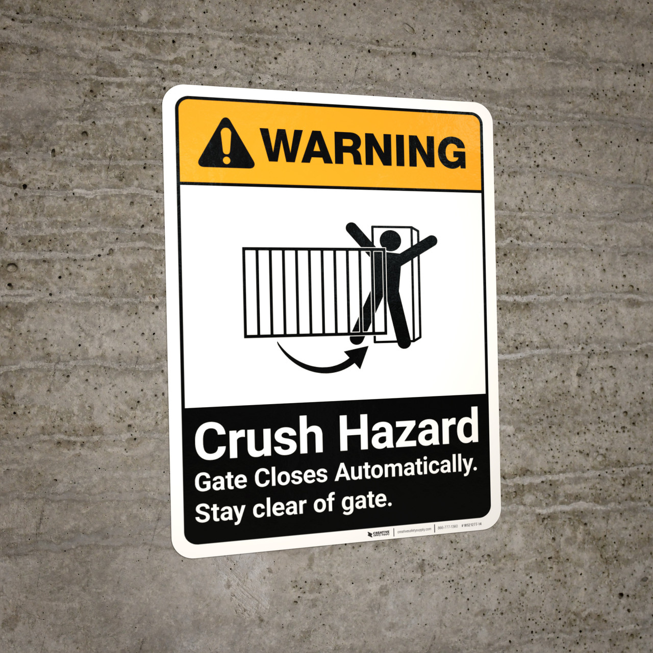 Warning: Crush Hazard Gate Closes Automatically ANSI - Portrait Wall Sign