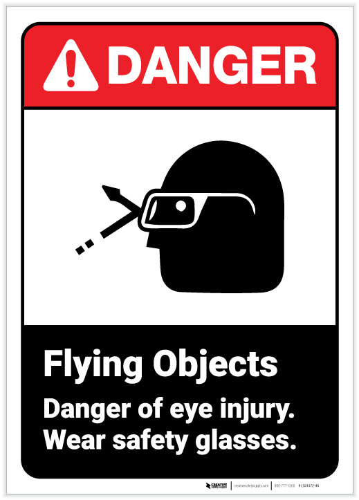 Danger: Flying Objects Wear Safety Glasses Portrait ANSI - Label