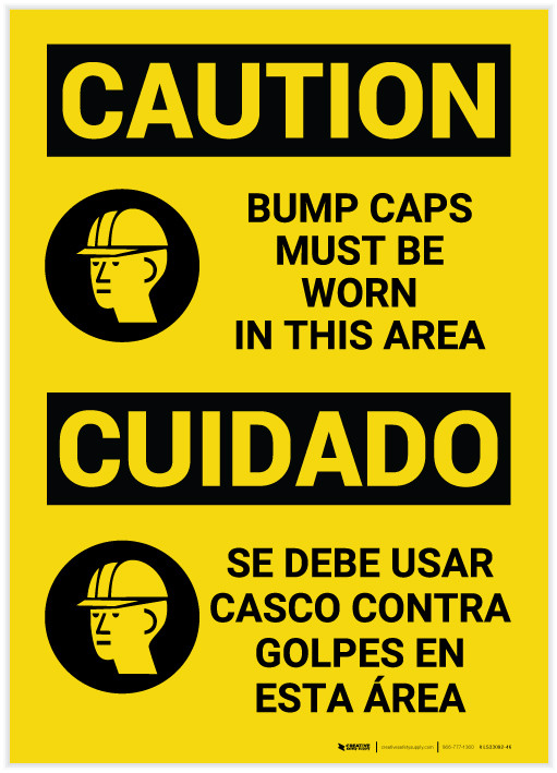 Caution: Bump Caps Must Be Worn in This Area Bilingual (Spanish) - Label