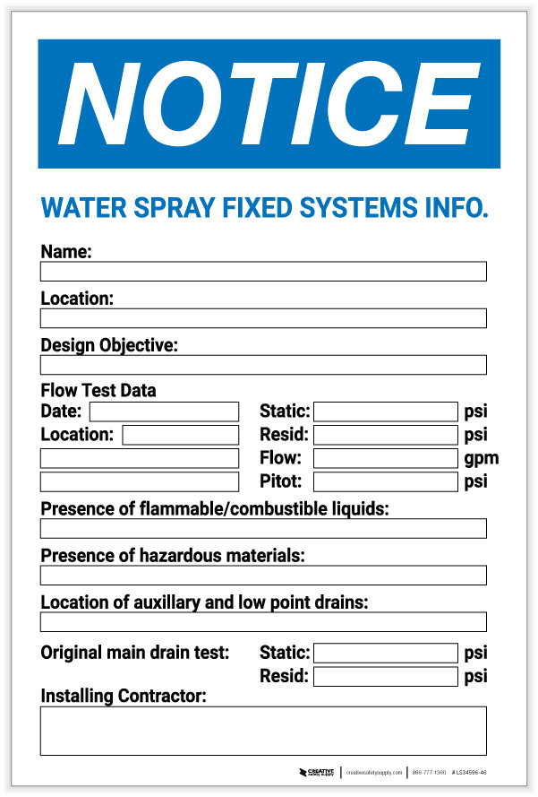 Notice: Water Spray Fixed Systems Info - Label | Creative Safety Supply