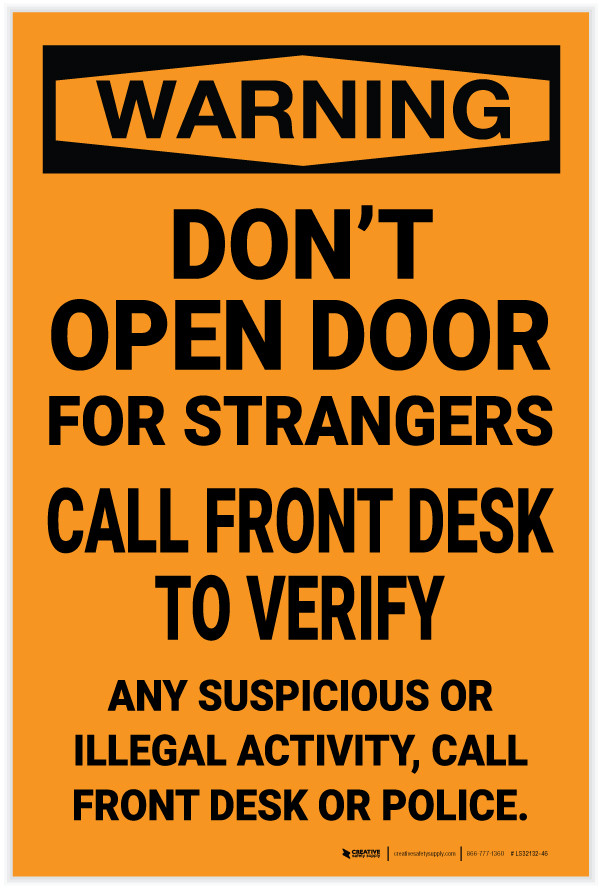 Warning: Don't Open Door for Stranger Call Front Desk - Label